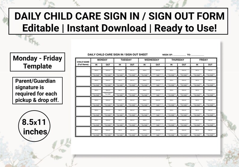 Childcare Sign in / Sign Out Form Comes in Monday to Friday - Etsy