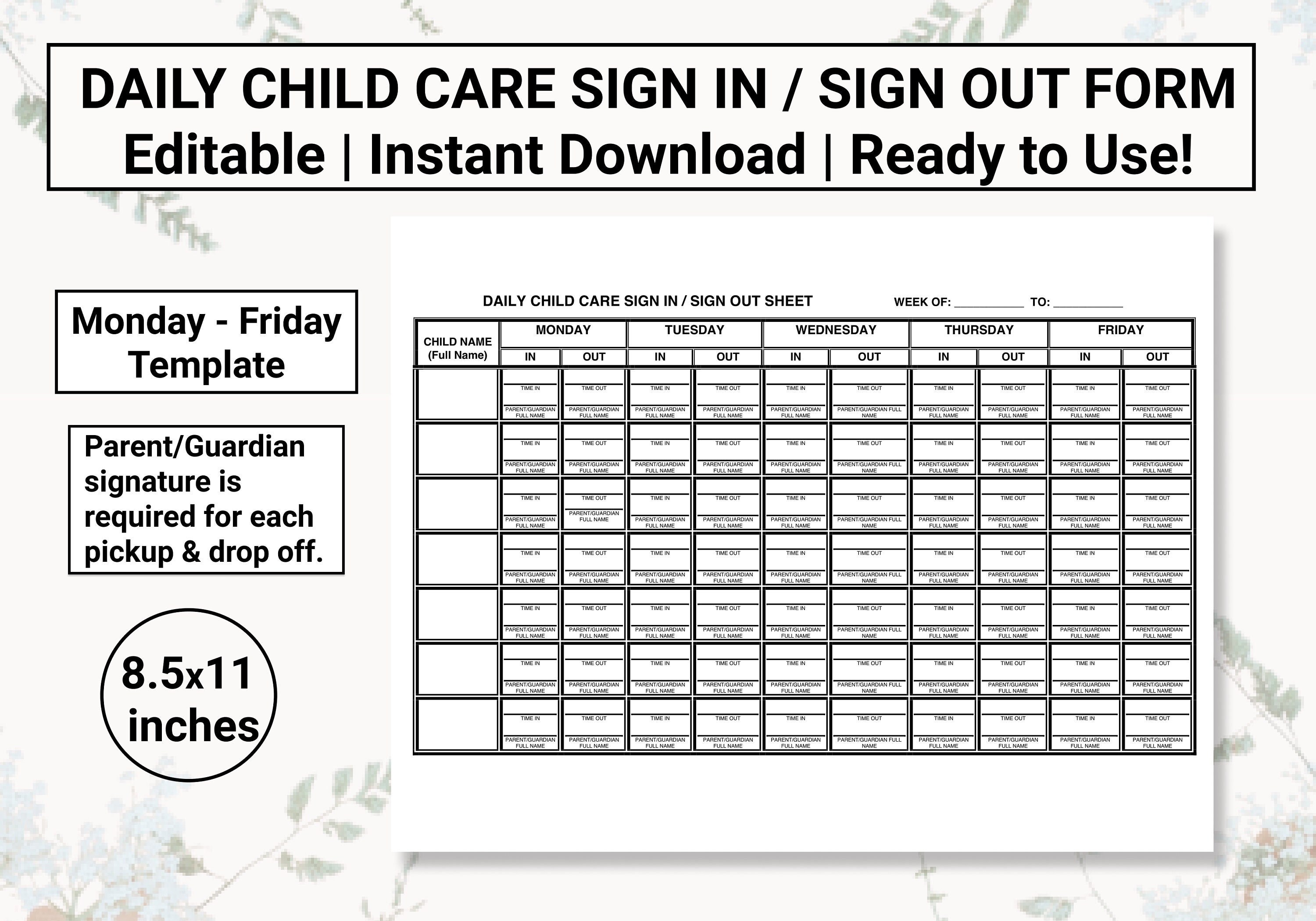 Childcare Sign in / Sign Out Form Comes in Monday to Friday - Etsy