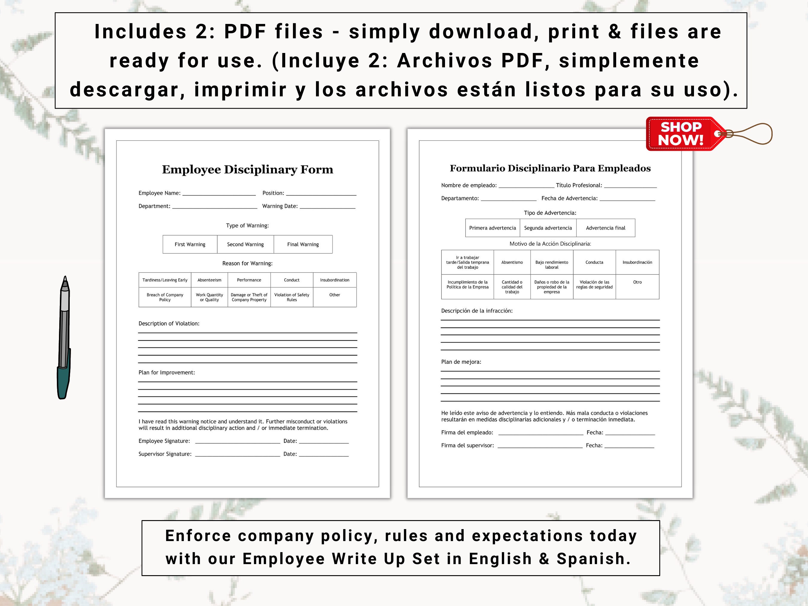 Employee Write up Form in English & Spanish Formulario - Etsy Ireland