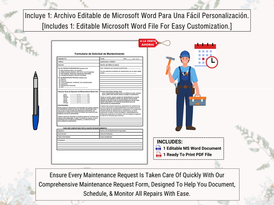 Formulario De Solicitud De Mantenimiento | Maintenance Request Form in ...