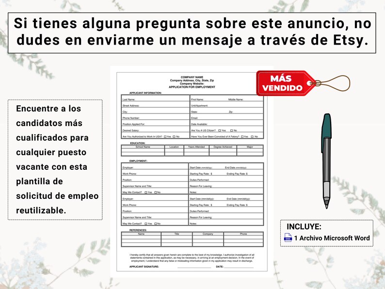 Formulario De Solicitud De Empleo En Español | Employment / Job ...