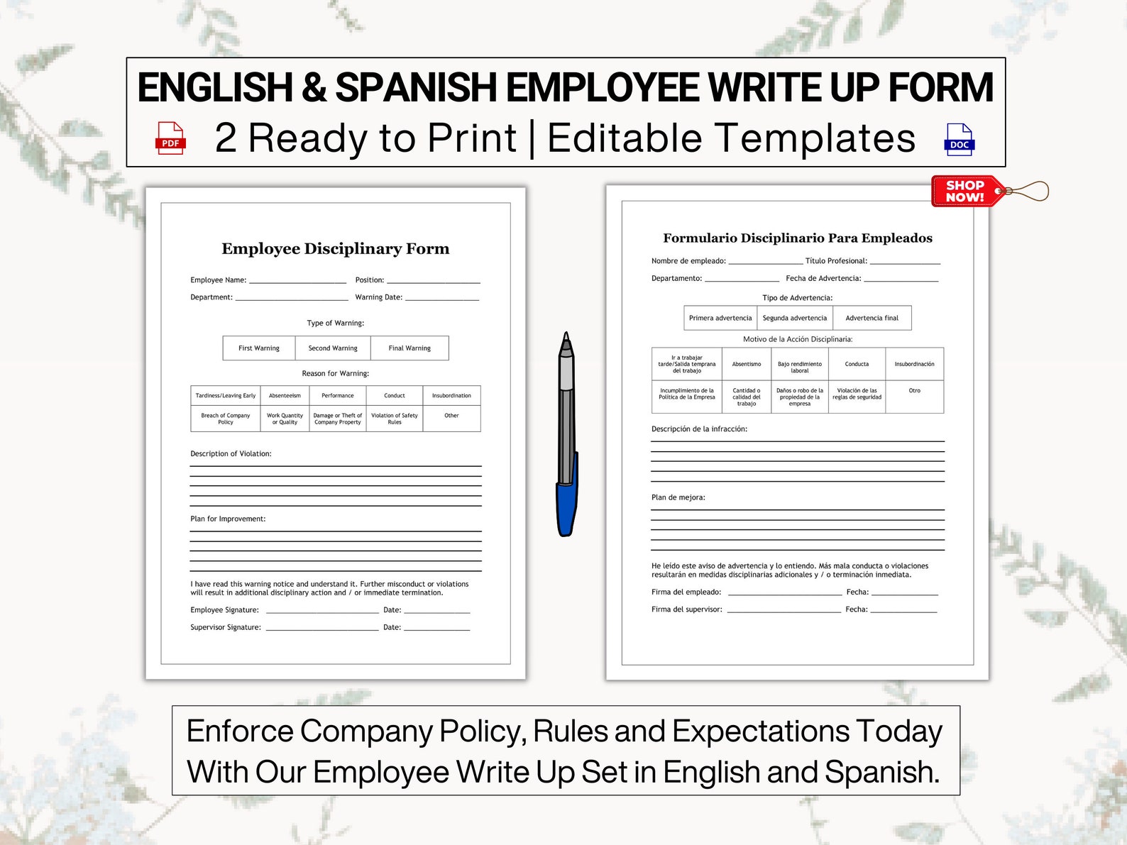 Employee Write up Form in English & Spanish Formulario Disciplinario ...