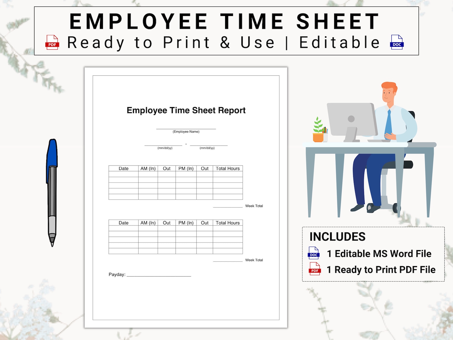 Employee Time Sheet / Time Card | Perfect for 2 Week Paydays & 5-day ...
