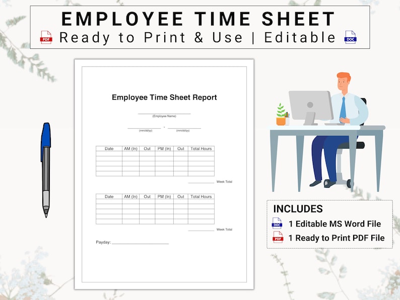 Employee Time Sheet / Time Card | Perfect for 2 Week Paydays & 5-day ...