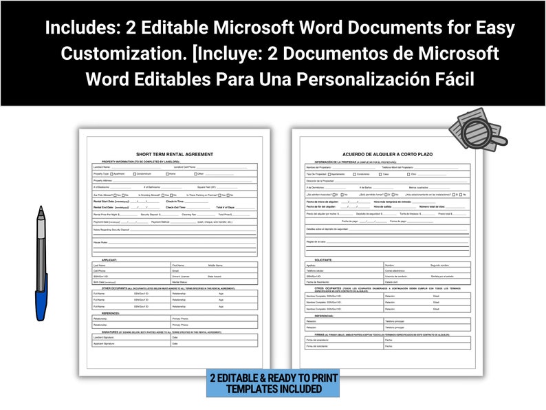 Short Term Rental / Lease Agreement Set in English & Spanish | Contrato ...