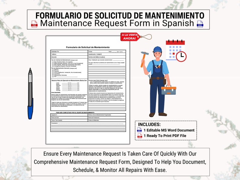 Formulario De Solicitud De Mantenimiento | Maintenance Request Form in ...