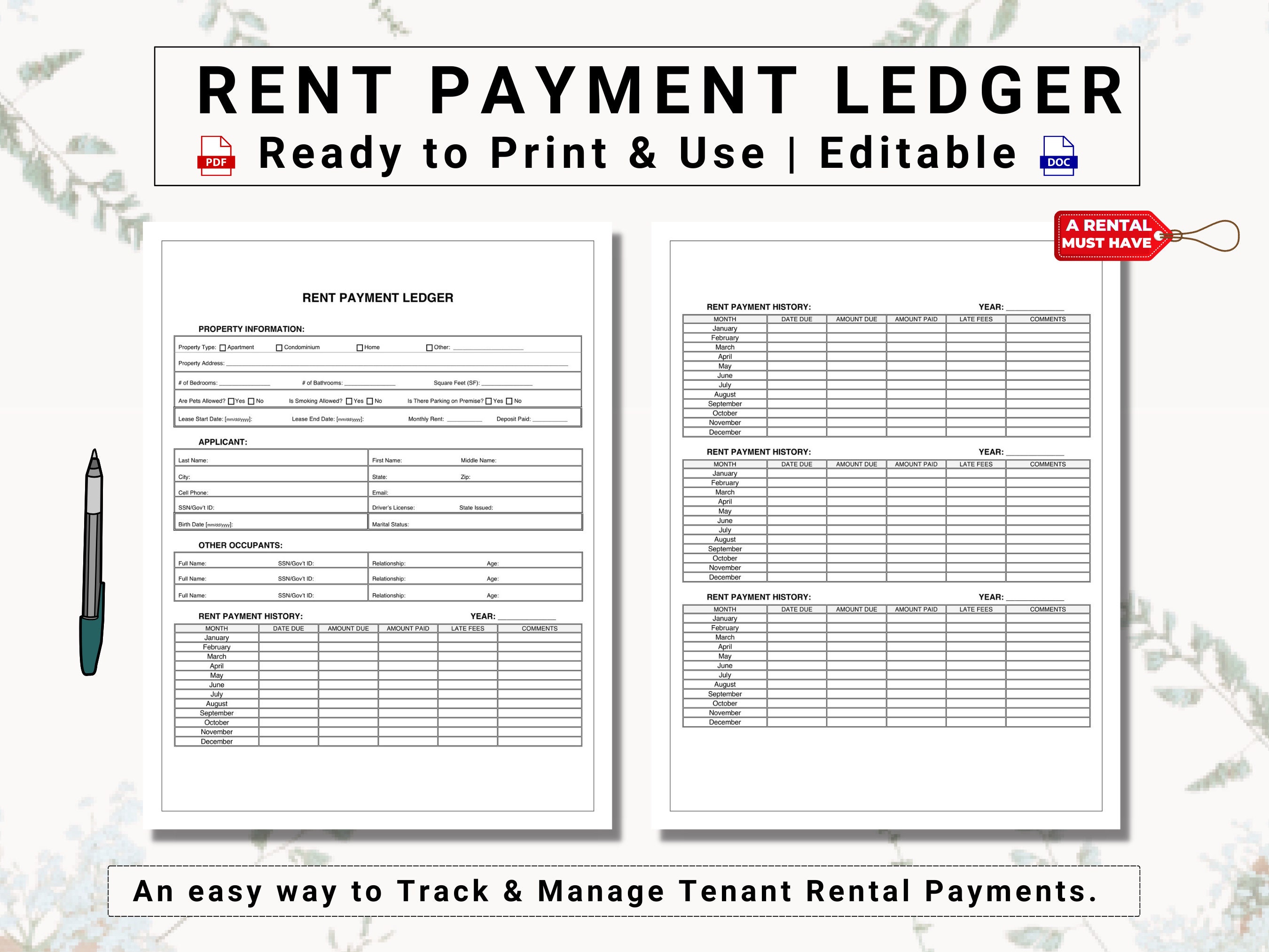 Rent Payment Ledger Bundle | Track Monthly Rental / Lease / Commercial ...