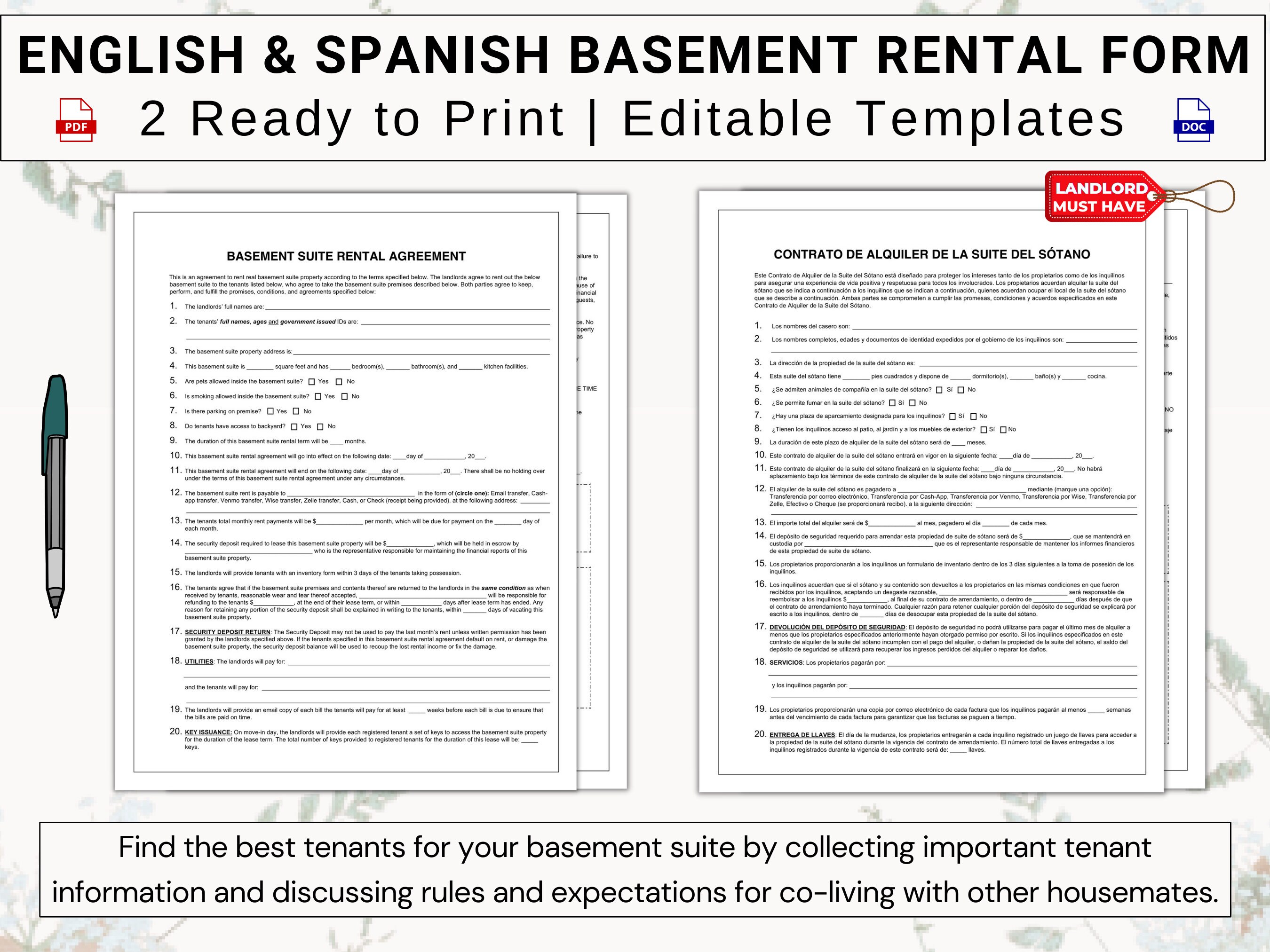 Basement Suite Rental Agreement in English & Spanish Discuss - Etsy