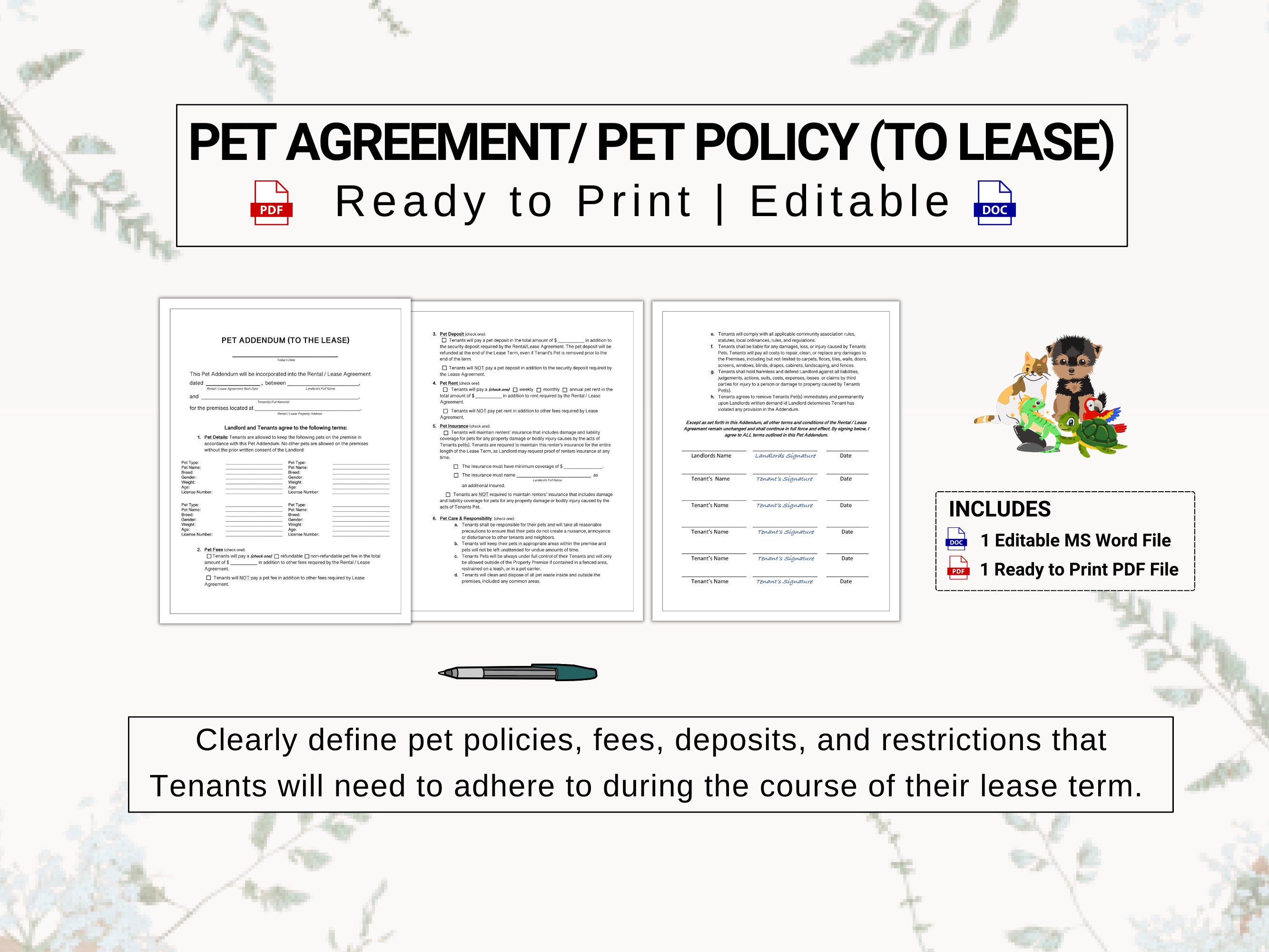 Pet Policy / Pet Agreement for Residential Lease Agreements | Protect ...