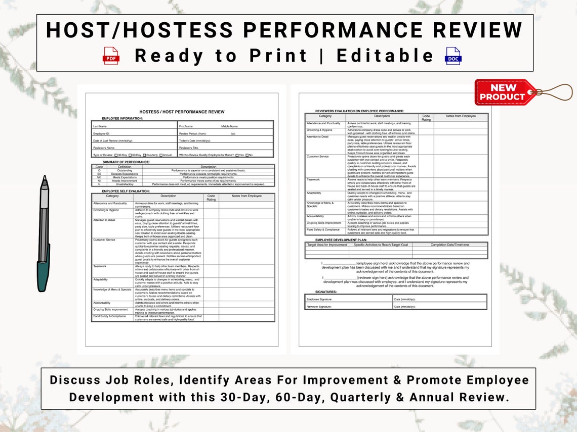 Restaurant Hostess / Host Performance Review & Self Appraisal - Etsy