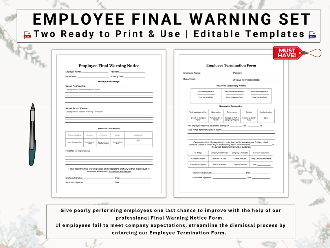 Employee Final Warning & Termination Set | Give Poorly Performing ...