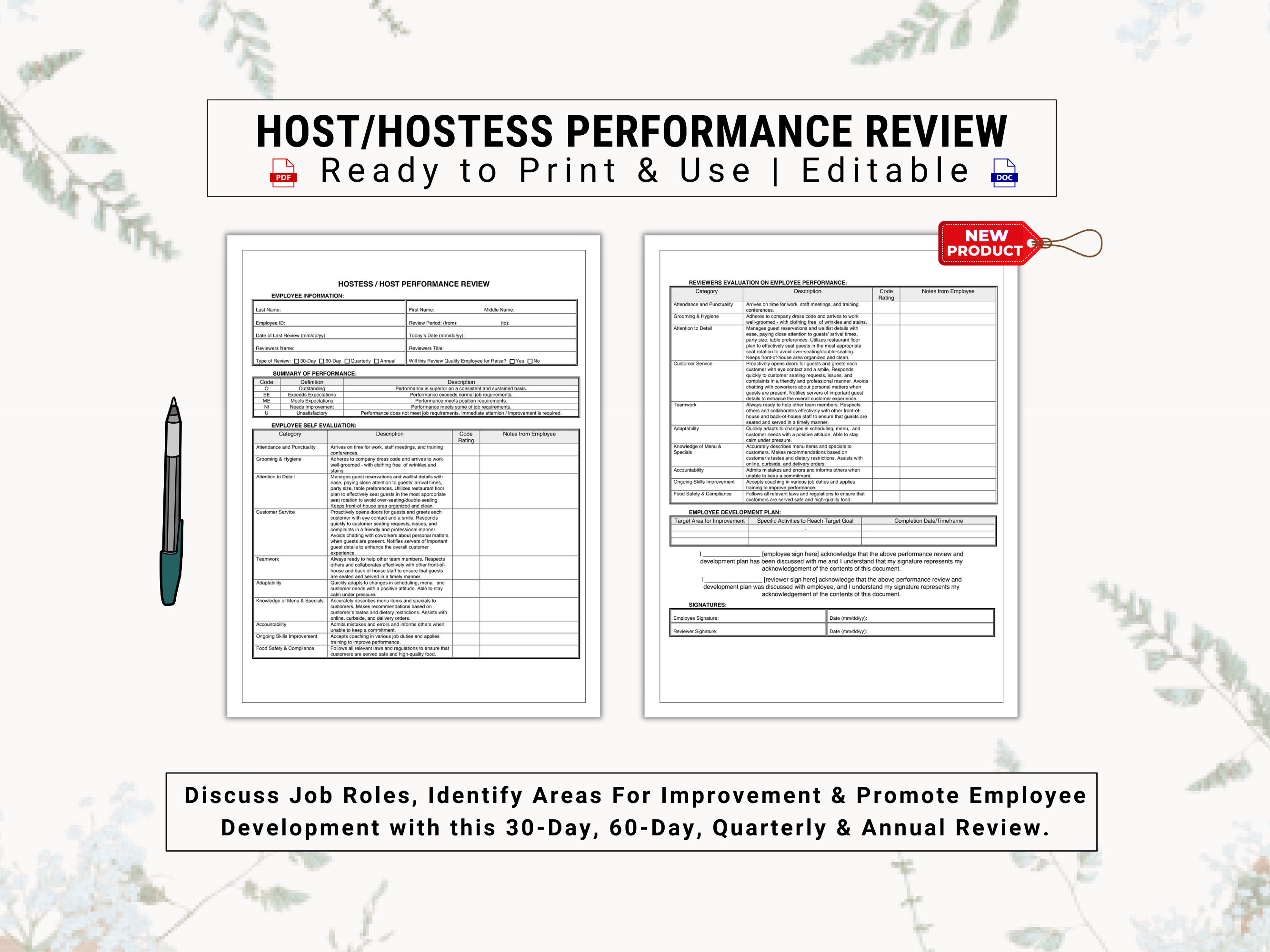 Restaurant Hostess / Host Performance Review & Self Appraisal Template ...