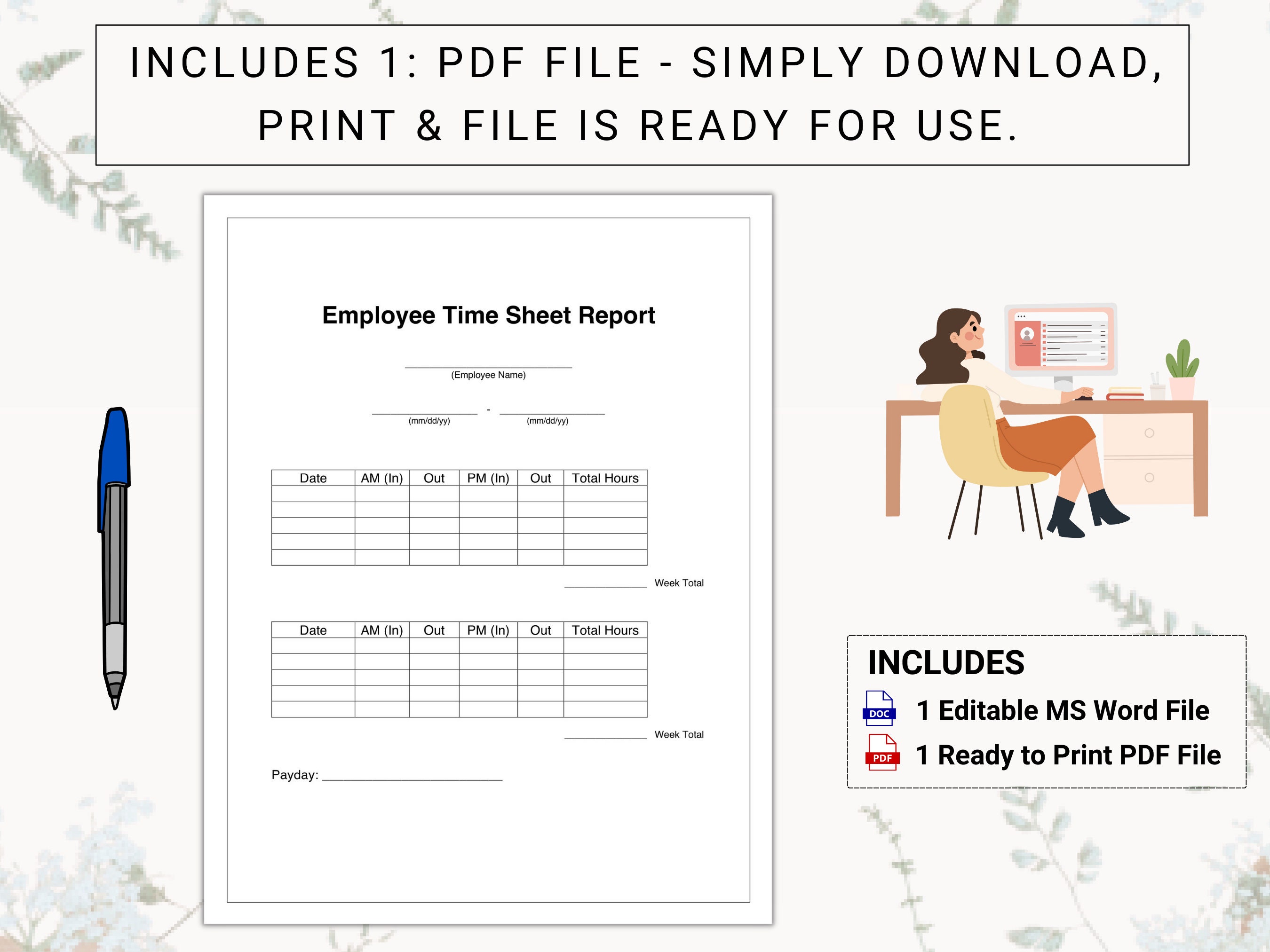 Employee Time Sheet / Time Card | Perfect for 2 Week Paydays & 5-day ...