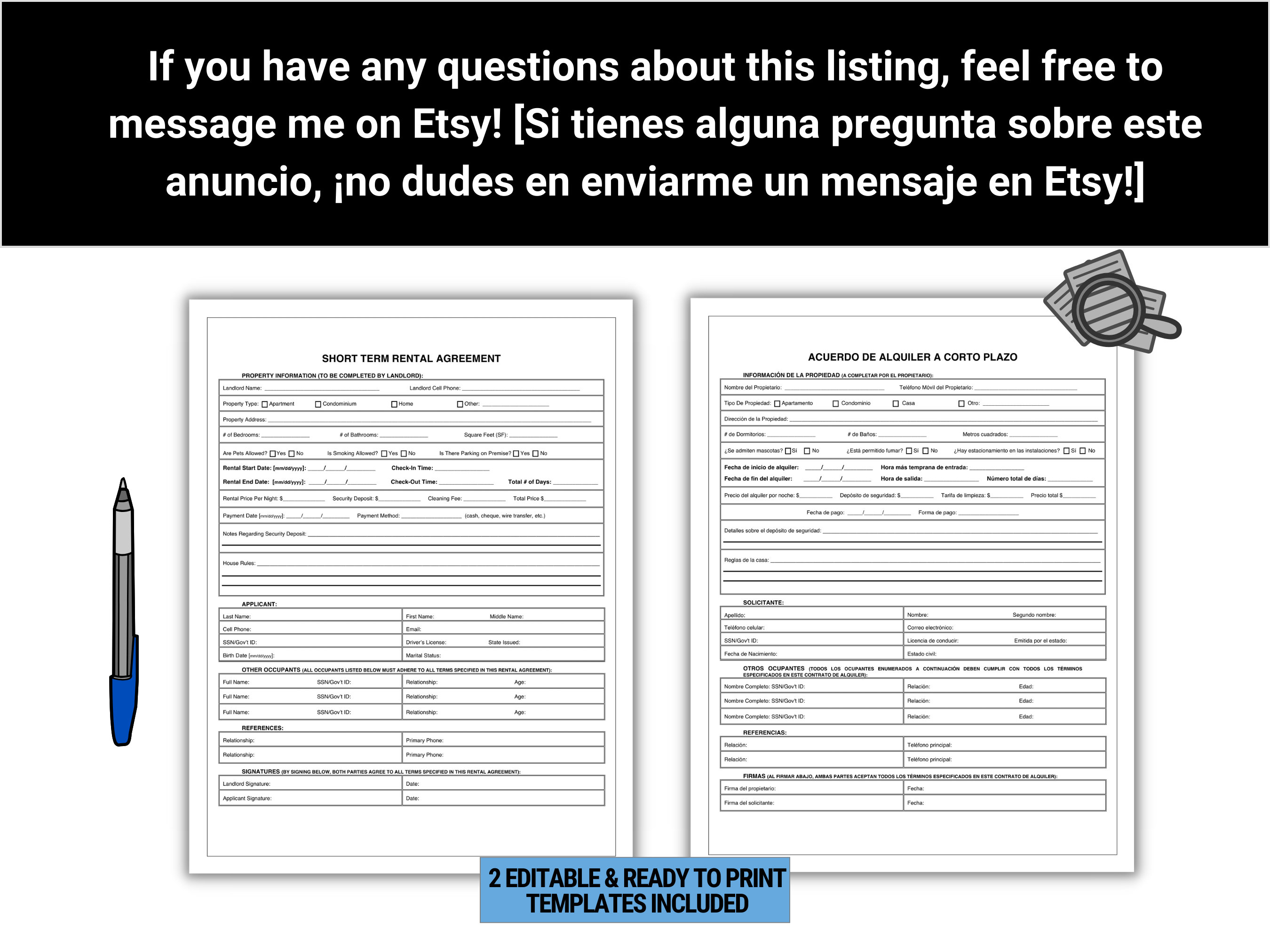 Short Term Rental / Lease Agreement Set in English & Spanish | Contrato ...