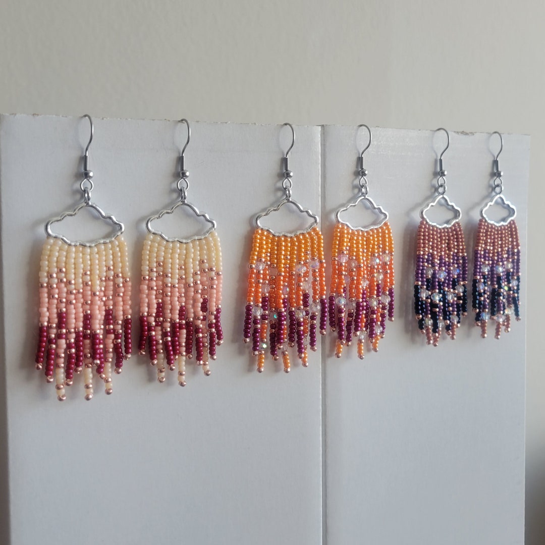 Silver and Rose Gold Cloud Gradient Native Fringe Beaded Earrings - Etsy