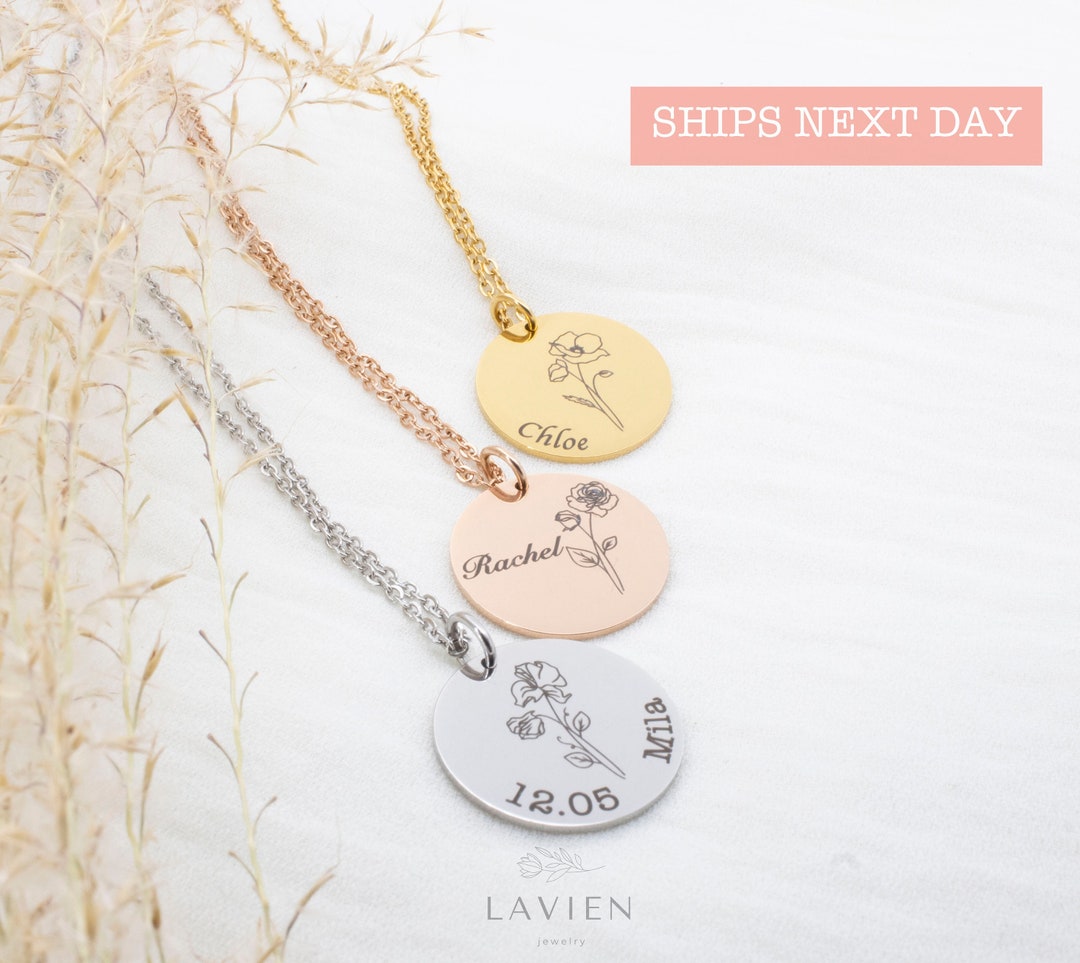 Personalized Birth Flower Necklace: Custom Engraved Floral Pendant - Etsy