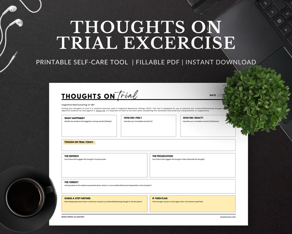 CBT Cognitive Restructuring Worksheet | Thoughts on Trial, Situation ...