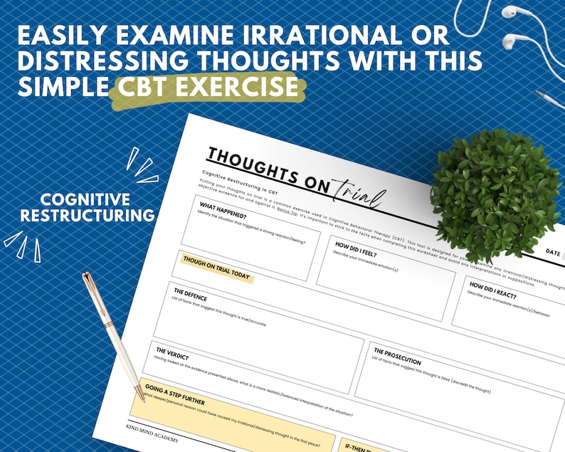 CBT Cognitive Restructuring Worksheet Thoughts on Trial - Etsy