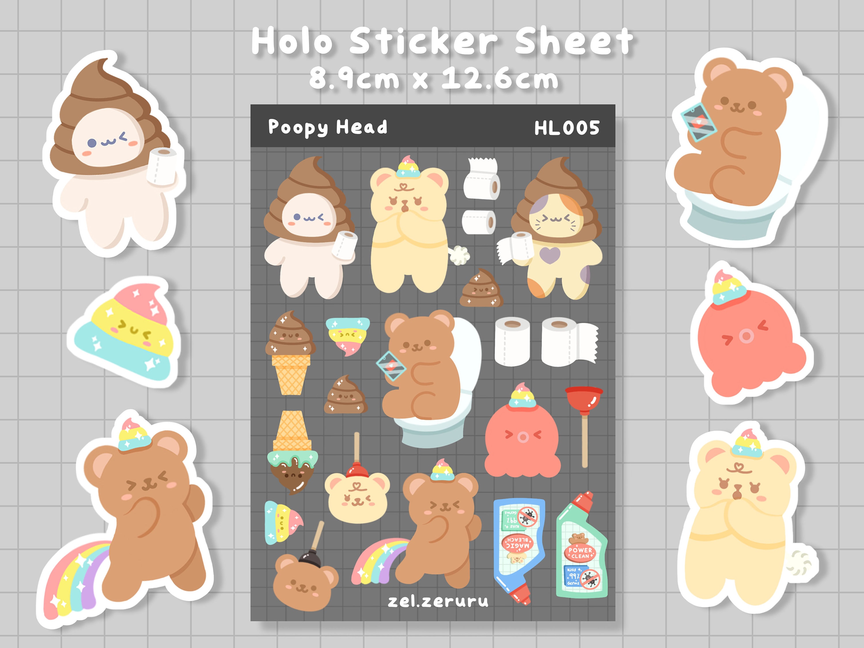 Poopy Head Holographic Cute Sticker Sheet, Toilet Deco Stickers ...