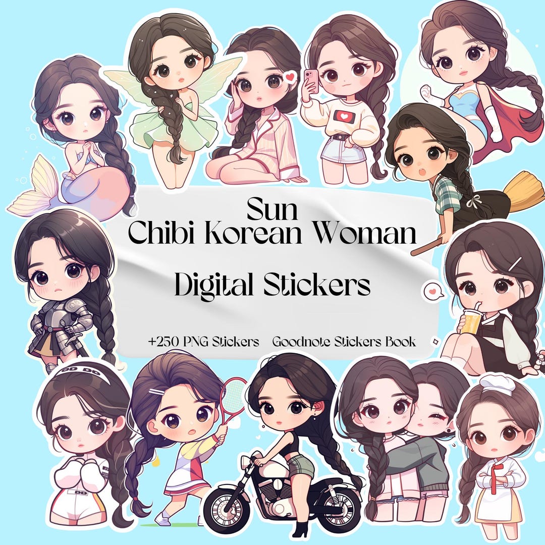 Sun, Chibi Korean Woman Goodnote Stickers Book, for Journaling, Cute ...