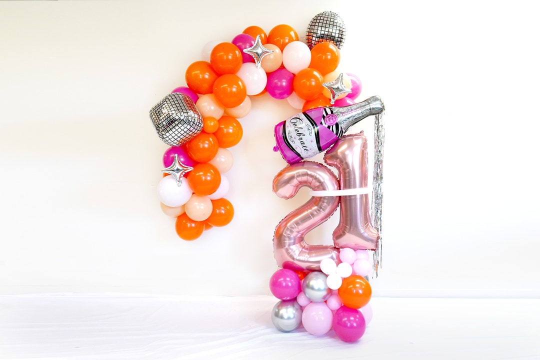 Hello 21 & Champagne | 21st Birthday Party Balloon Decoration | Cheers ...