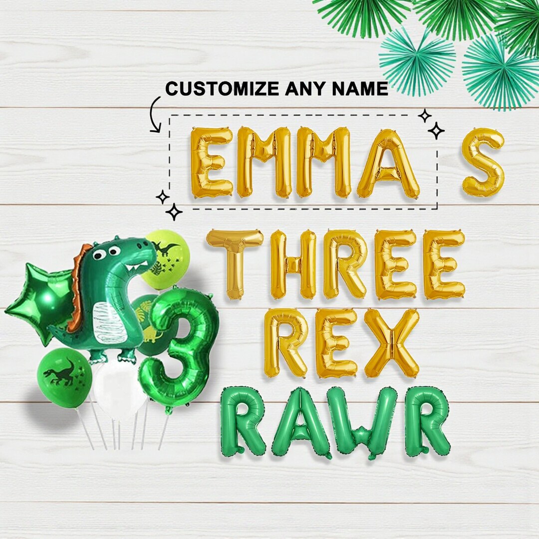 Custom Name Three Rex Rawr Balloon Banner: Dinosaur 3rd Birthday Decor ...
