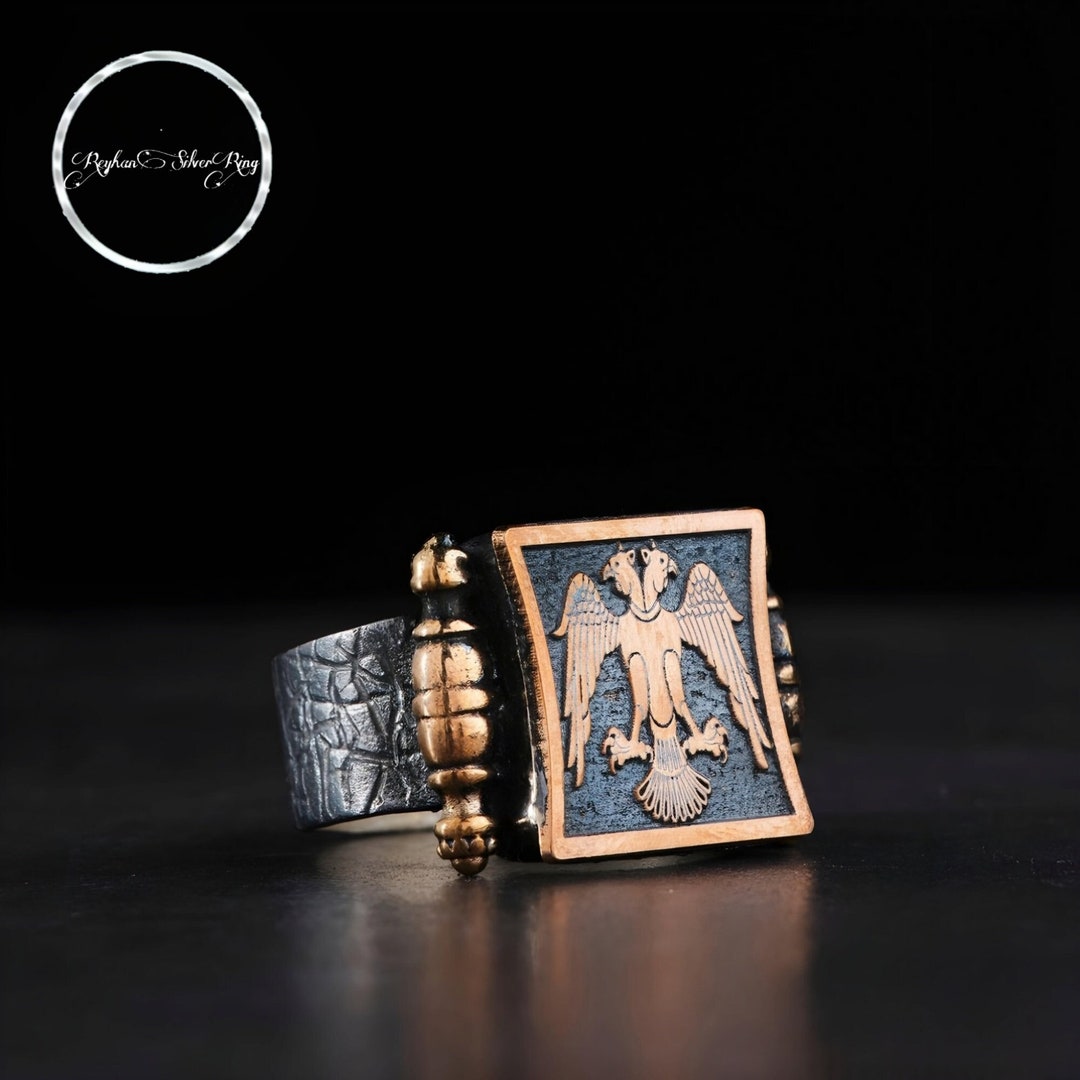 Seljuk State Flag Double Headed Eagle Silver Ring, Power Ring, Eagle ...