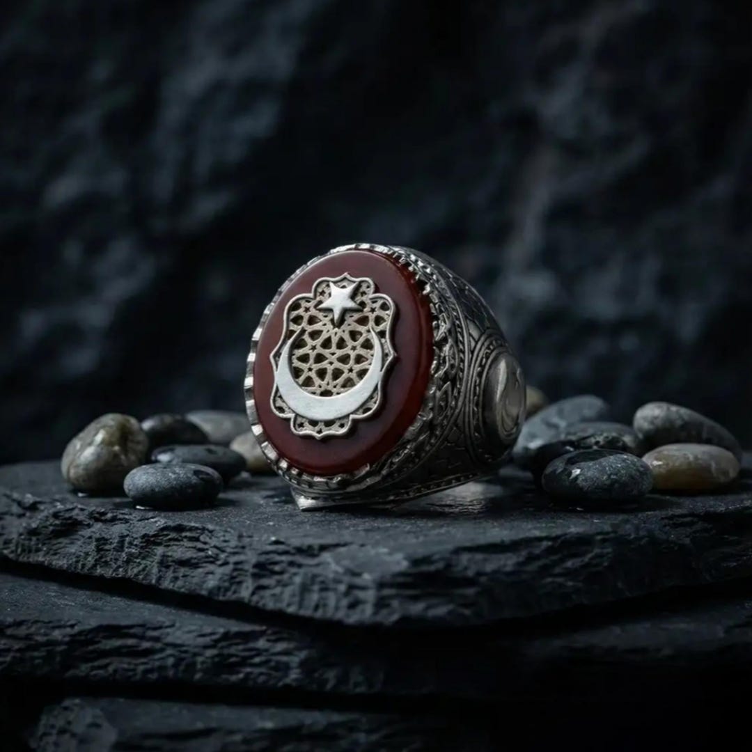 Agate Stone Moon Star Ring, 925 Sterling Silver Turkish Ottoman Ring - Etsy