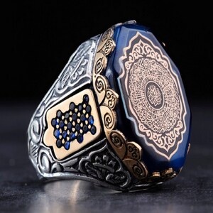 Blue Amber Octagonal Stone Silver Men's Ring, Islamic Ring, Prophet ...