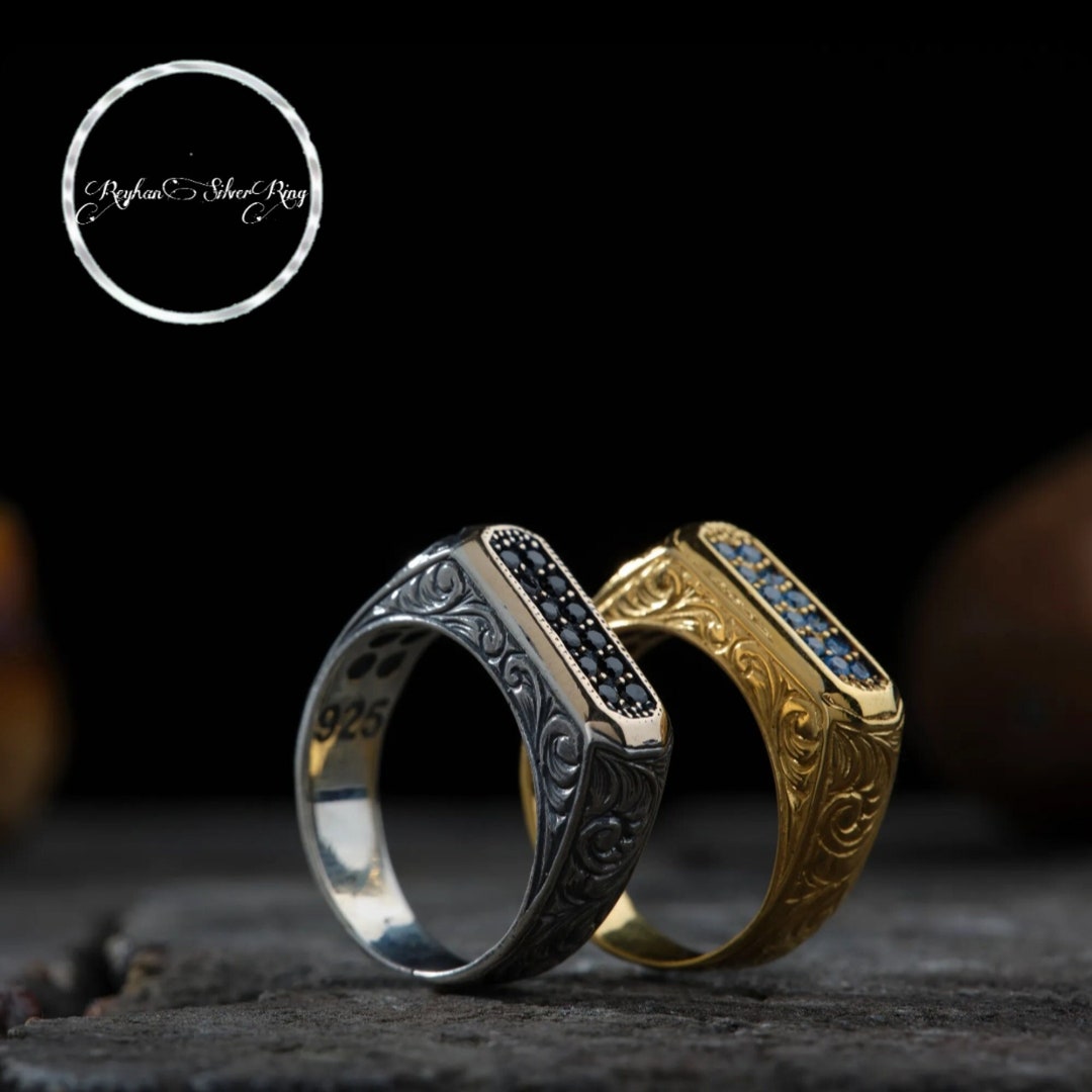 Silver Ring With Gravure Engraved Stone for Couples, Gold Coloured and ...