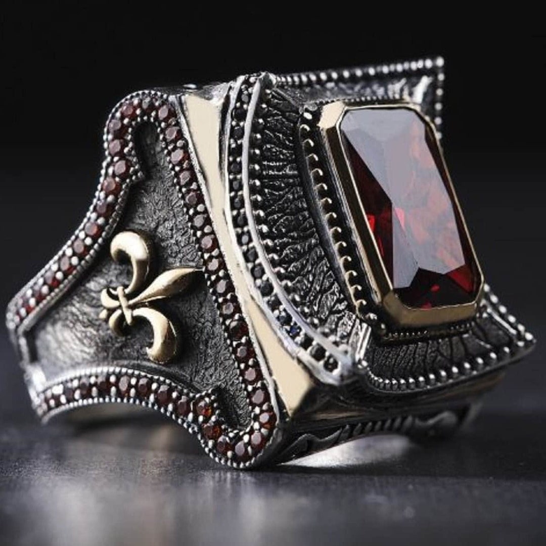 Shah Ring Model Zircon and Garnet Stones Silver Men's Ring, Men's Gift ...