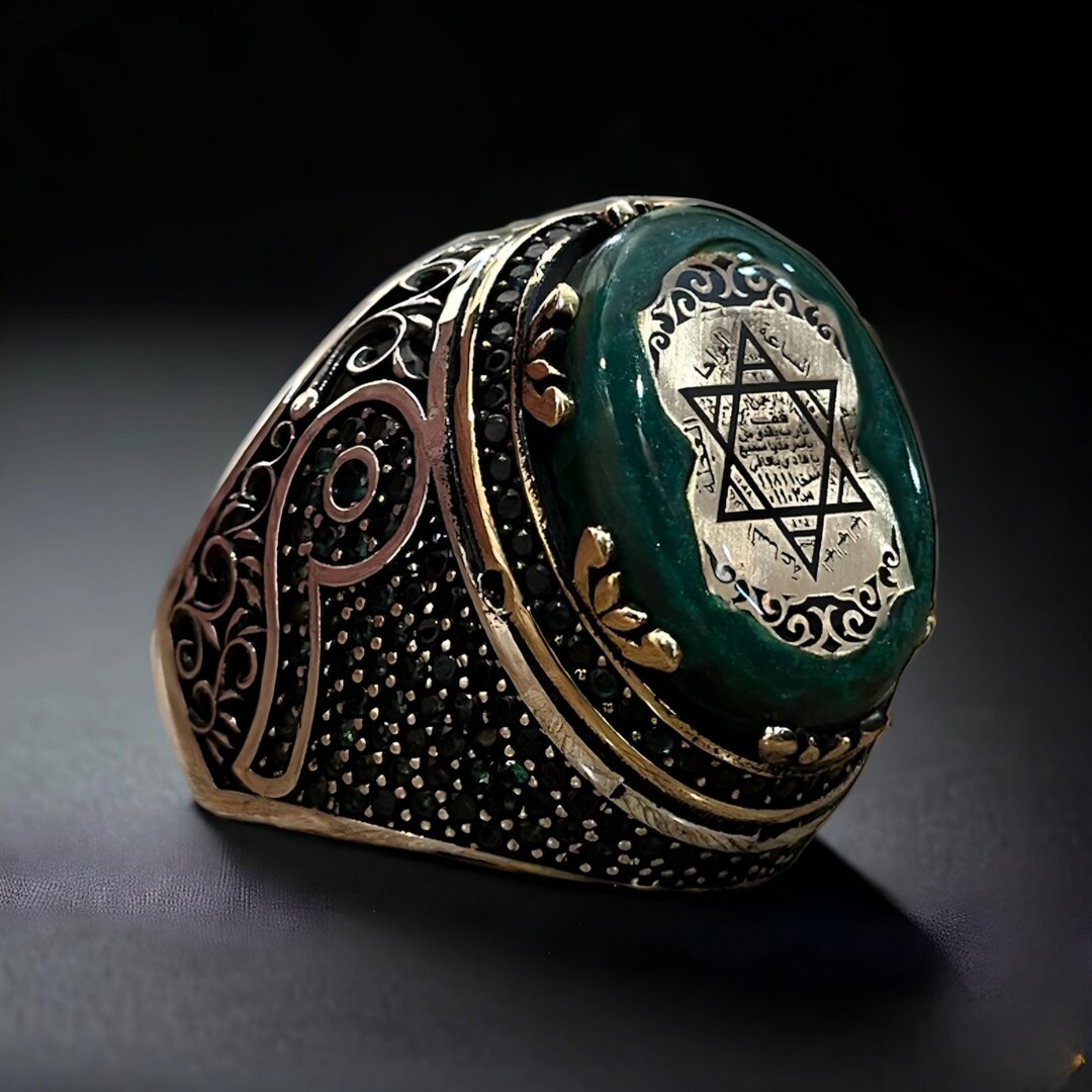 Green Amber Stone Sterling Silver Mens Ring: Solomon Seal, Islamic ...