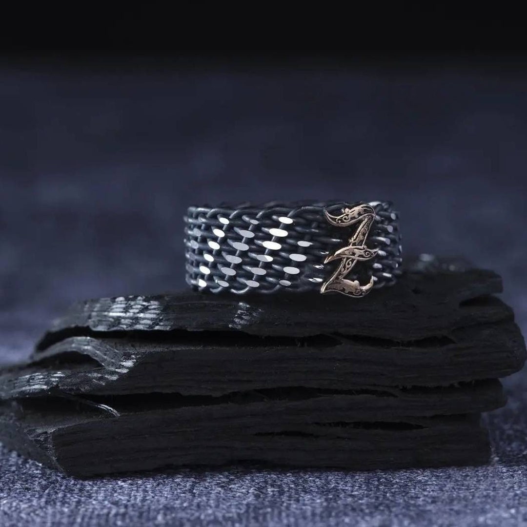 Handmade Knitted Straw Silver Mens Ring, Adjustable Ring, Gifts for Men ...