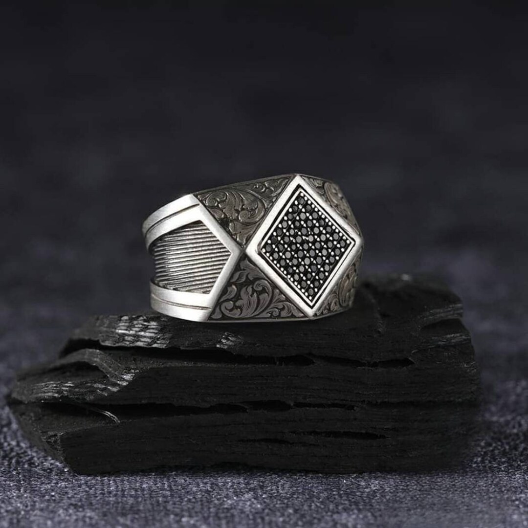 Zircon Black Stone Silver Square Men's Ring, Adjustable Ring, Handmade ...