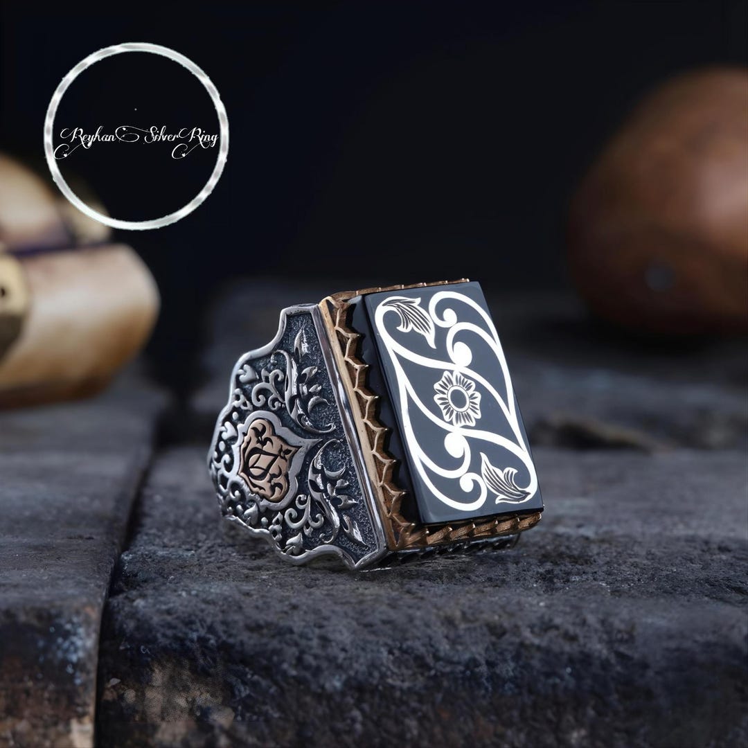 Ottoman Empire Palace Motif HARE Square Oltu Stone Silver Ring, Elegant ...