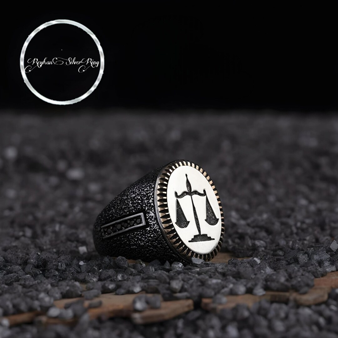 Courtroom Chic: Silver Scales of Justice Ring With Black Zircon Stones ...