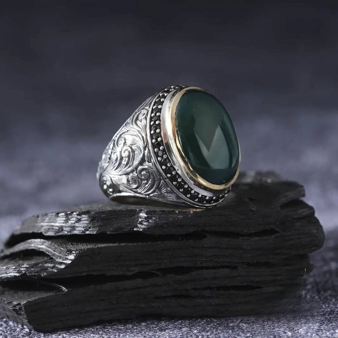 Natural Jade Silver Men's Ring, Handcrafted Engraved Jade Ring, Healing ...