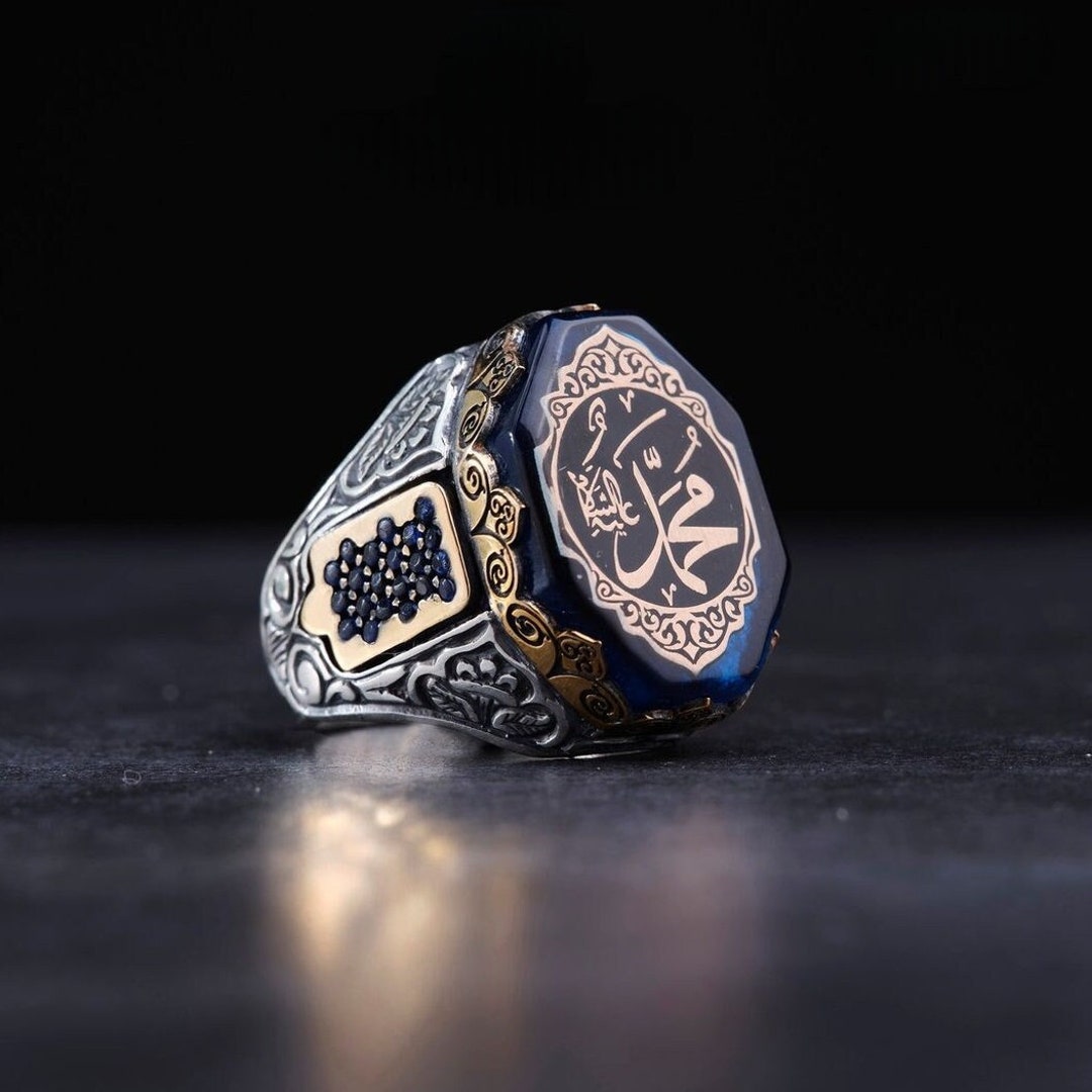 Blue Amber Octagonal Stone Silver Men's Ring, Islamic Ring, Prophet ...