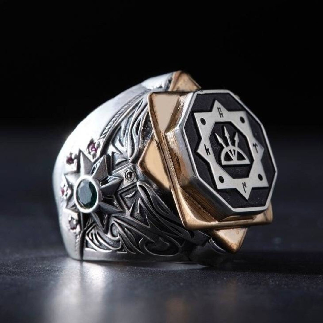Oguz Kagan Silver Men's Ring, Turkish Ring, Green Stone Ring, Red Ring ...