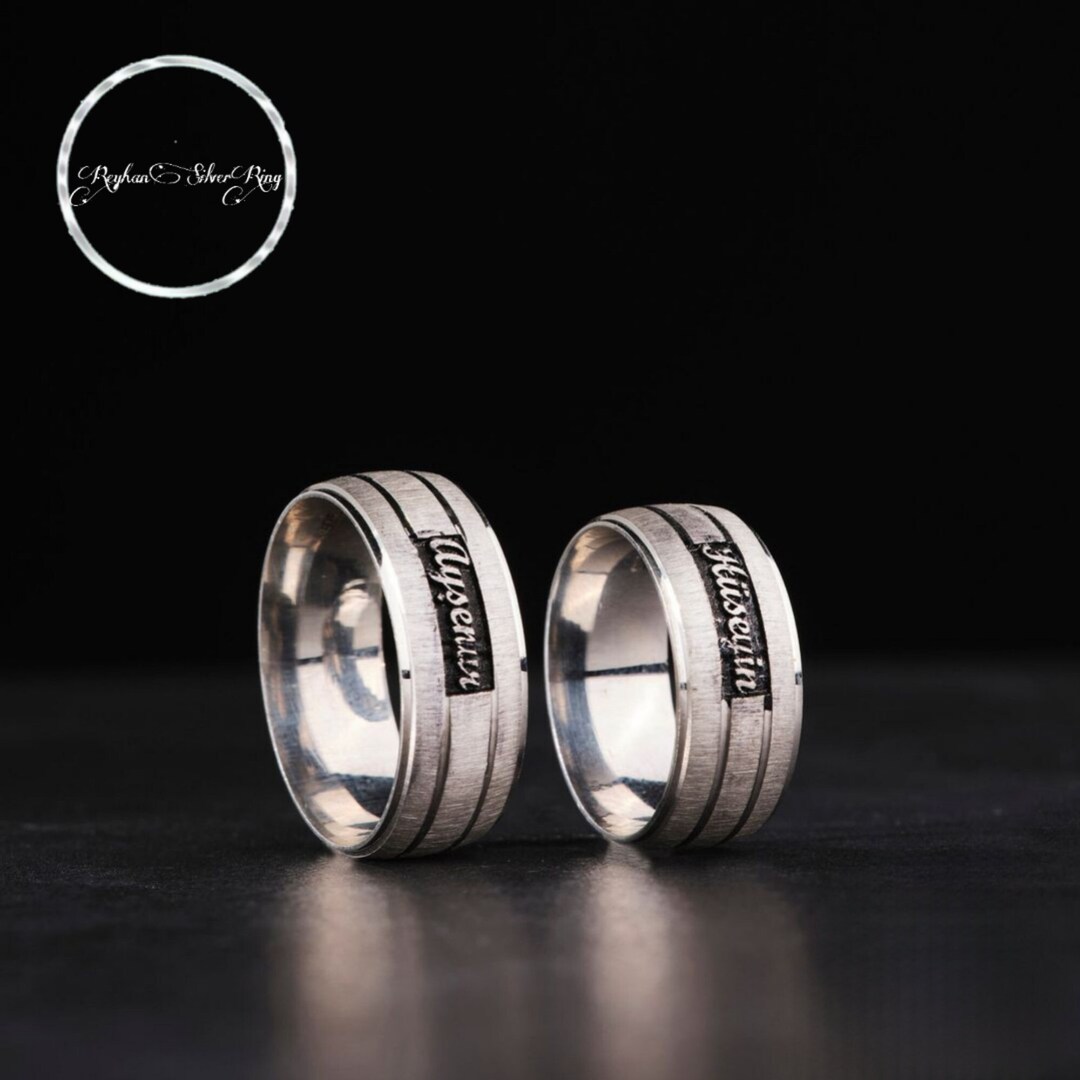 Sterling Silver Men's and Women's Wedding Rings With Names for Spouses ...