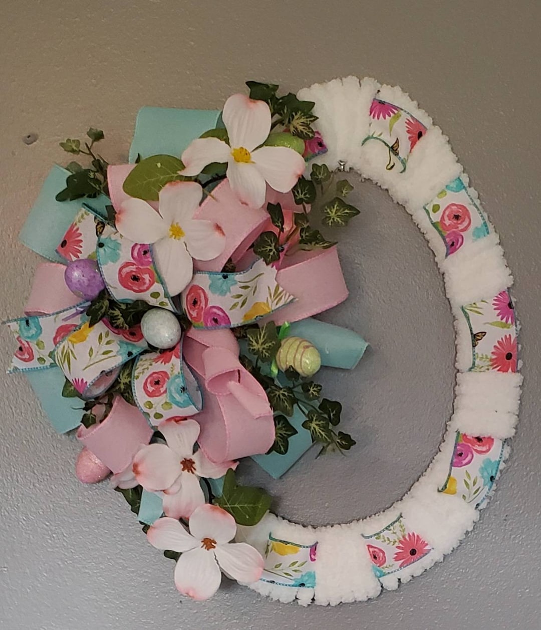 Yarn and Ribbon Wreath, Easter Yarn Wreath, White Yarn Wreath, Spring ...