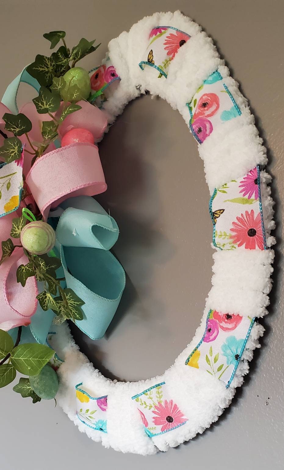 Yarn and Ribbon Wreath, Easter Yarn Wreath, White Yarn Wreath, Spring ...