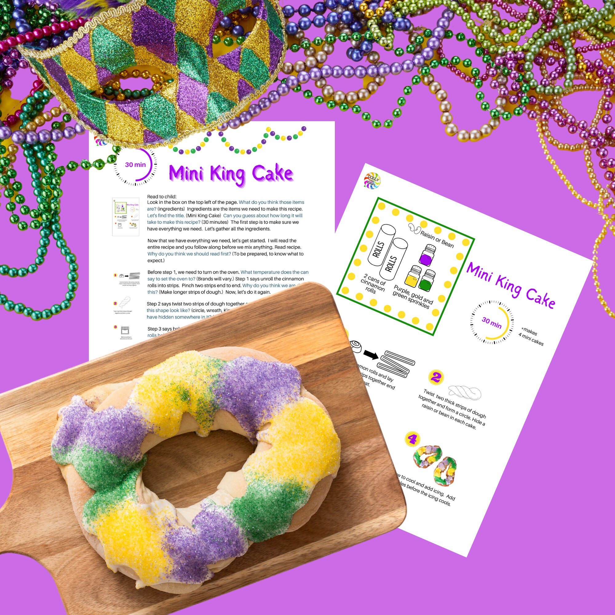 Picture Recipe, Mardi Gras Mini King Cake, Cinnamon Roll Cake - Etsy