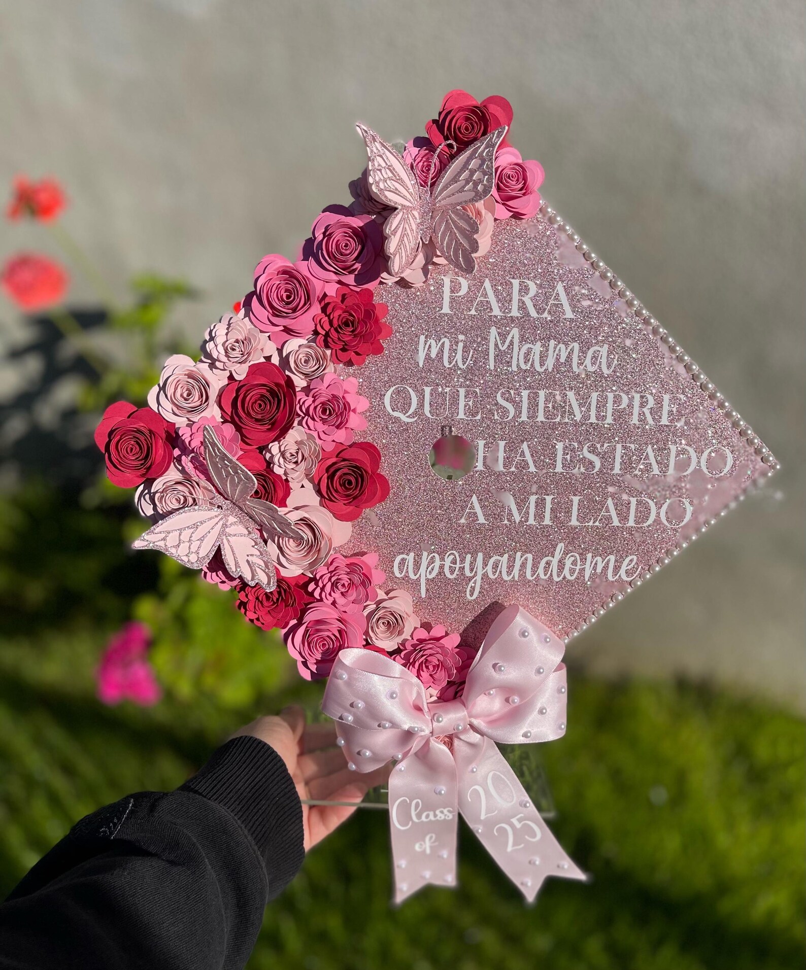 Pink Glitter Graduation Cap Topper: Butterflies Pearls, Class of 2026 ...