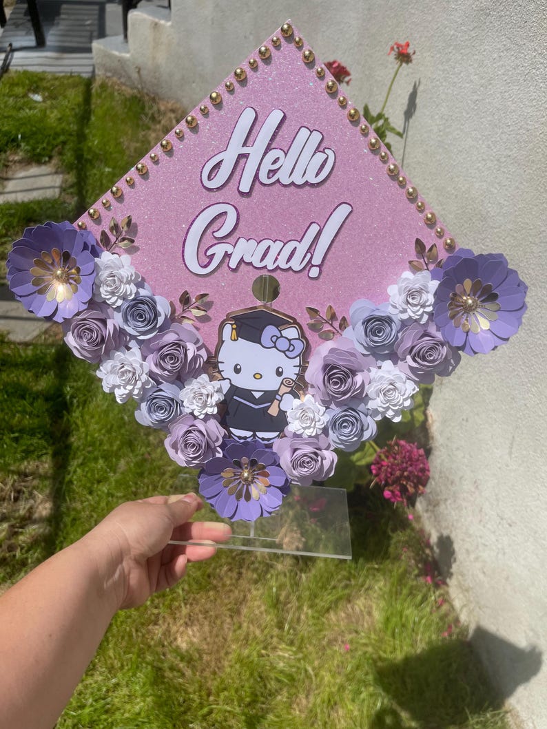 Graduation Cap Topper Class of 2025 Purple Glitter Kitty Hello Topper ...