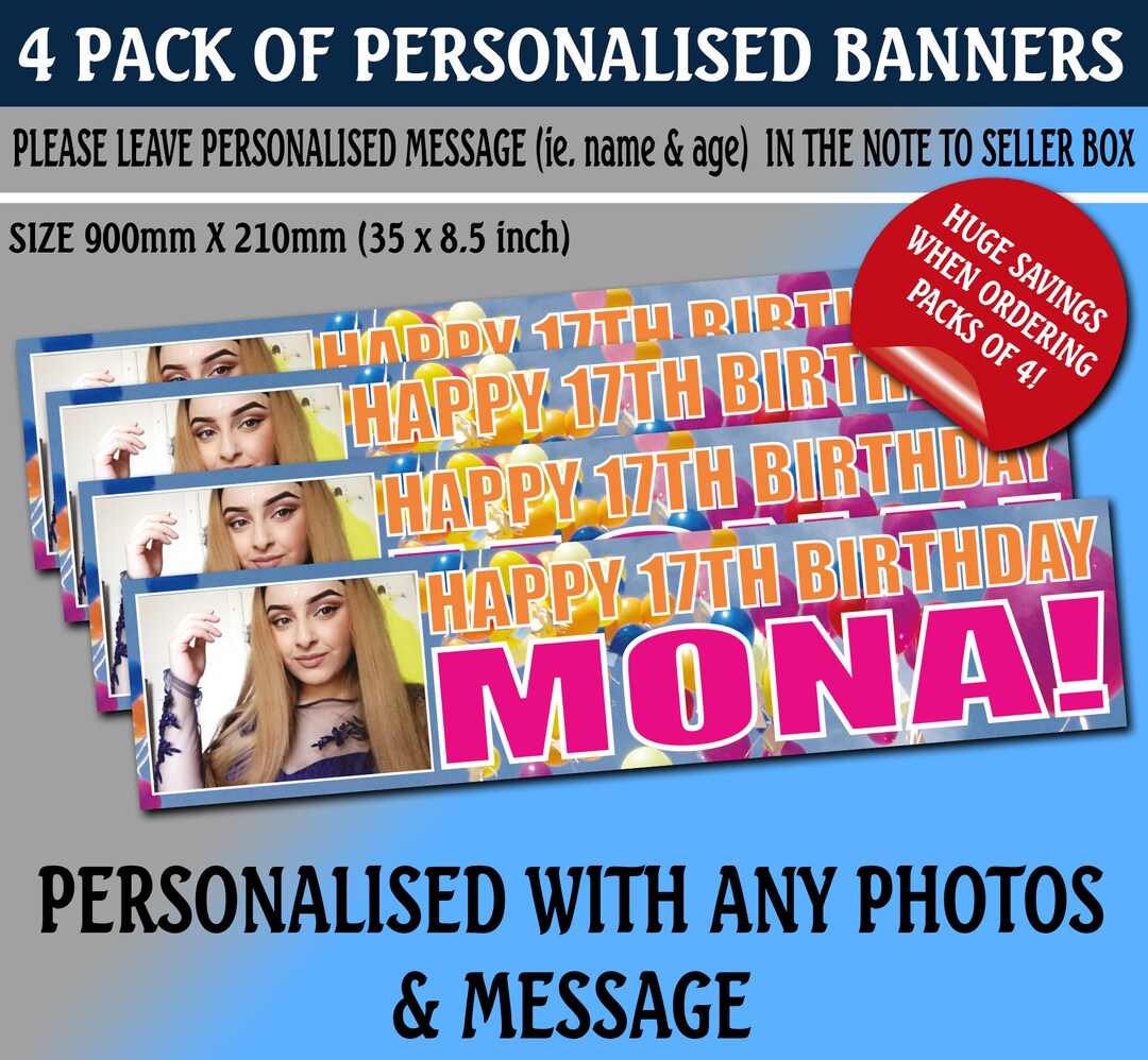 NEW 4 Pack Personalised Banners Personalised Photo Banners Birthday ...