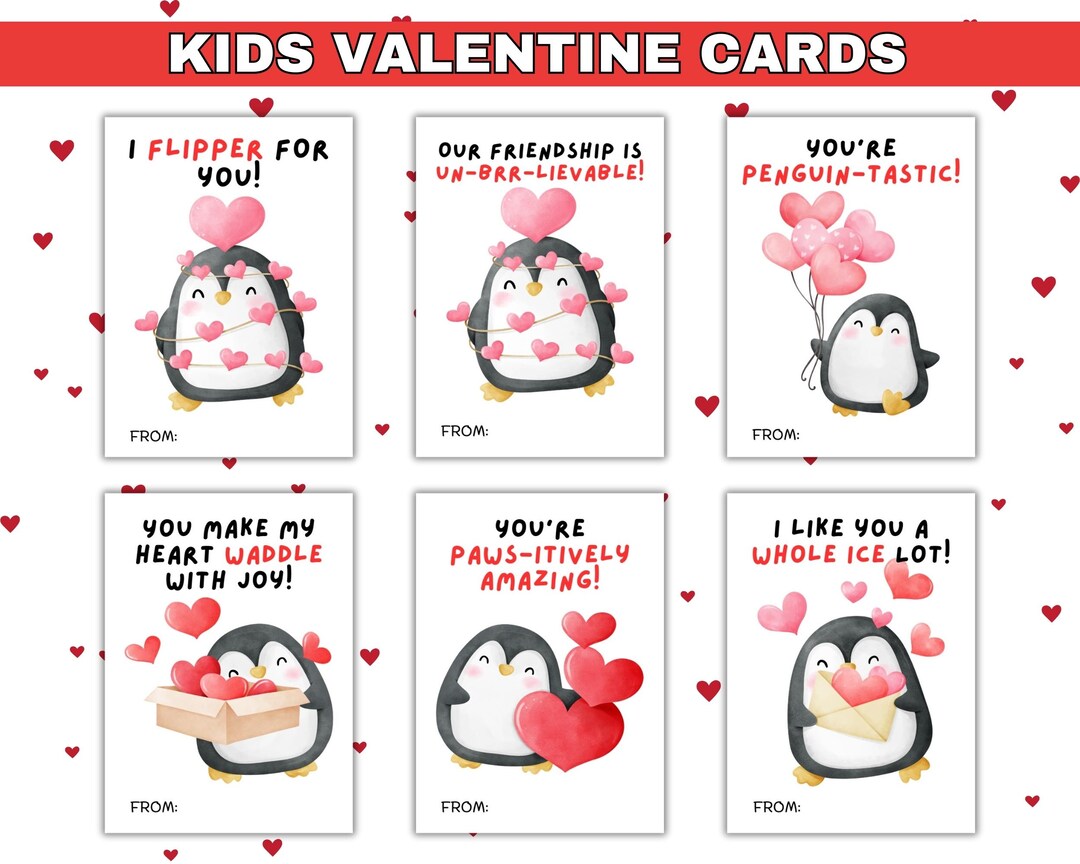 Printable Penguin Valentine Cards, Classroom Valentines Day Cards, Kids ...