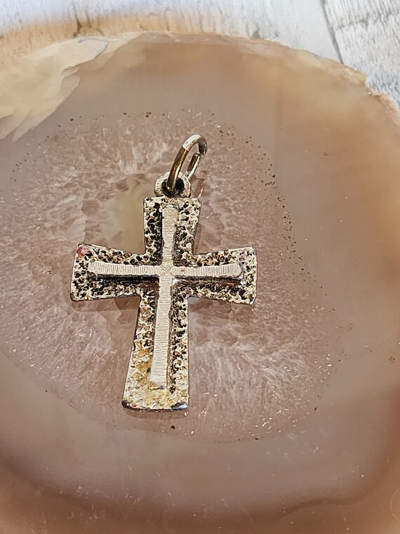 1970s Unisex Rustic Cross Pendant, Textured, Reversib… - Gem