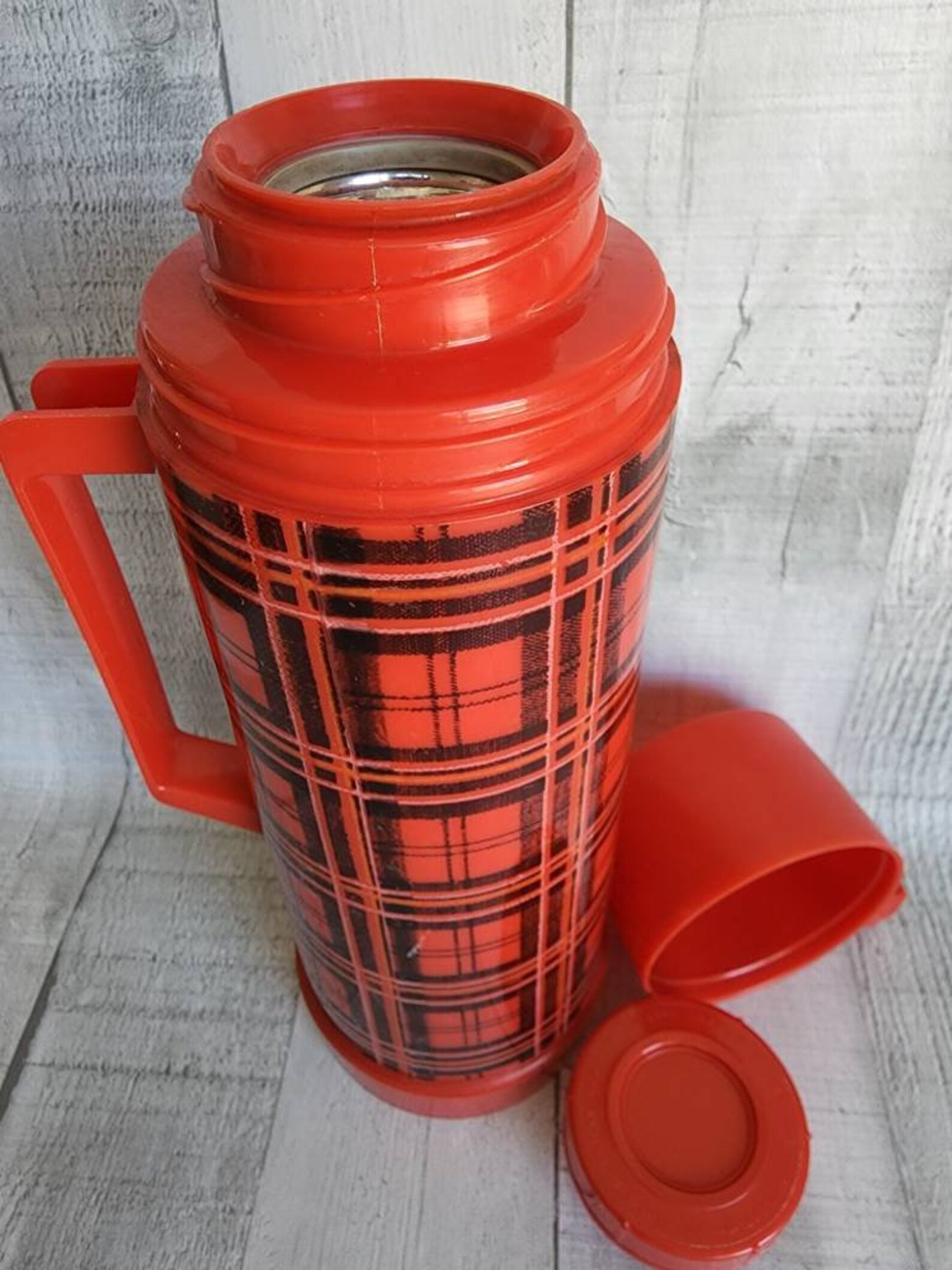 Vintage Aladdin Thermos Bottle Flask, Red Plaid, Glass Insulated, Pint ...