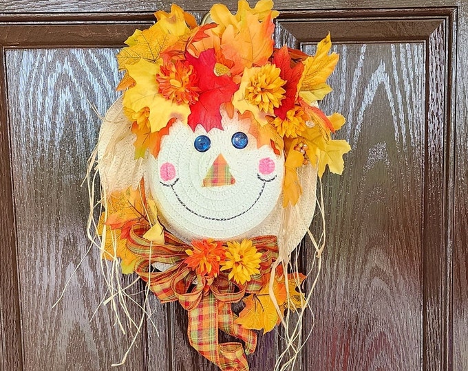 Fall Scarecrow Face Wreath for Front Door, Straw Hat Door Hanger, Fall ...
